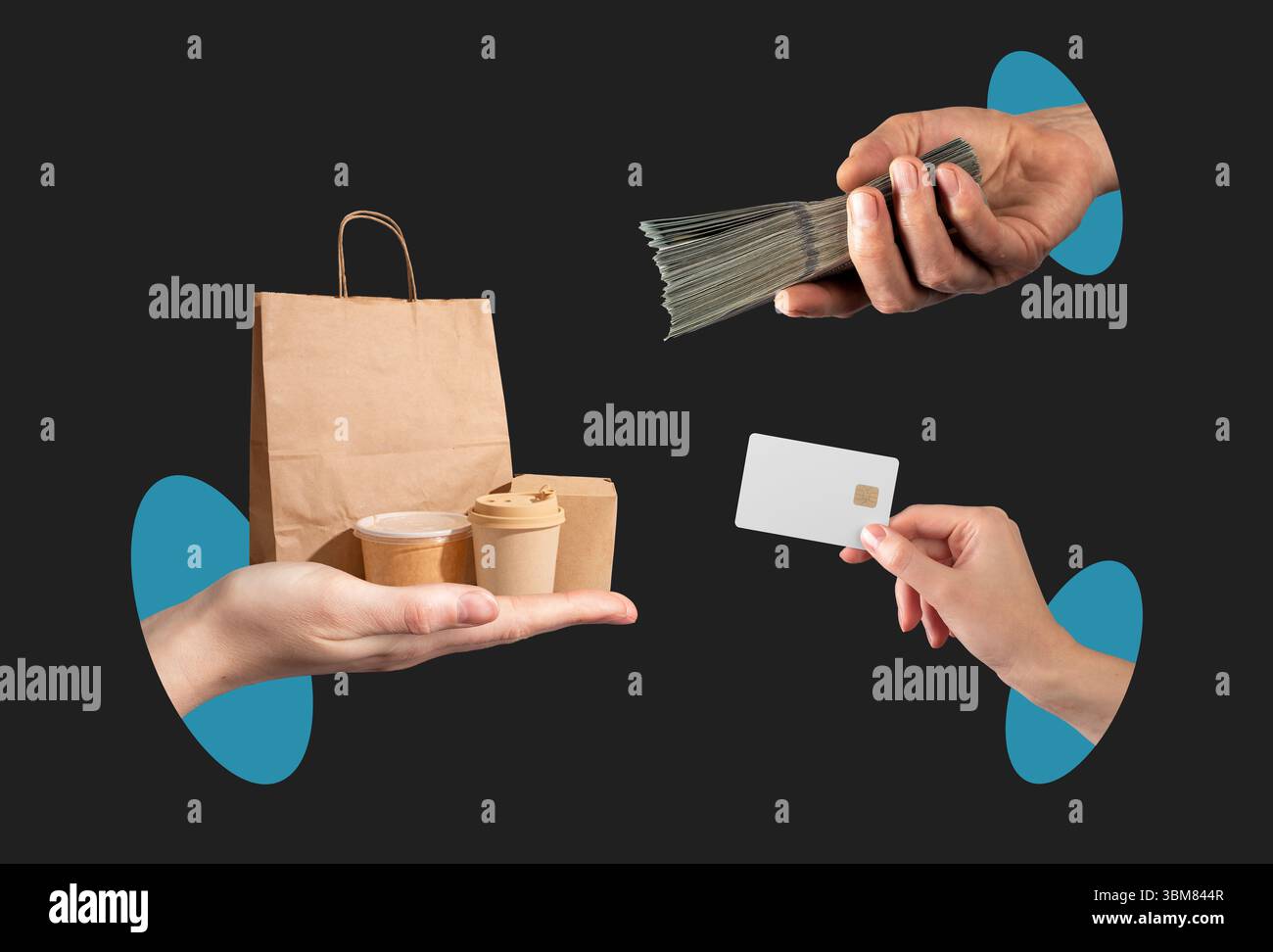 Delivery and payment concept with takeaway food and coffee, using cash ...