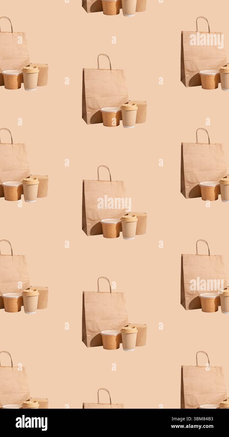 Eco friendly kraft paper bag and cup with takeaway food, reusable and ...
