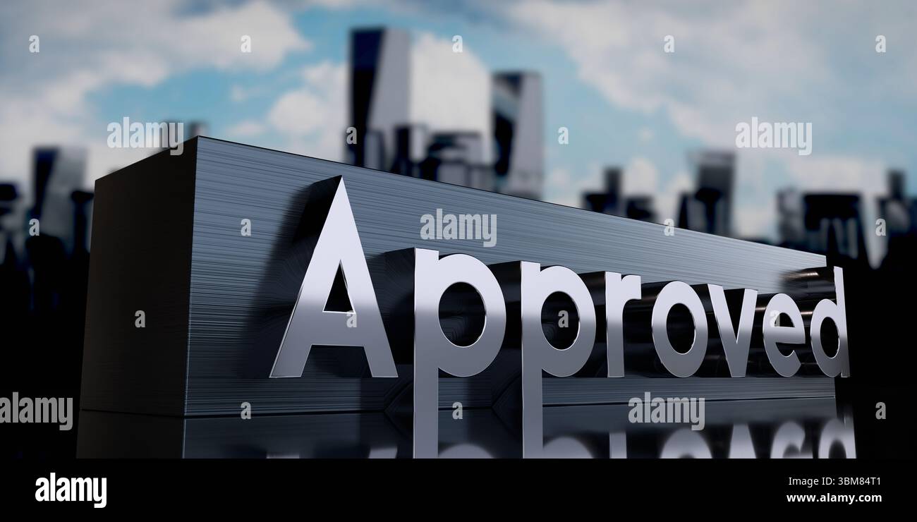 Approved - metal cuboid and skyscrapers - 3D illustration Stock Photo ...