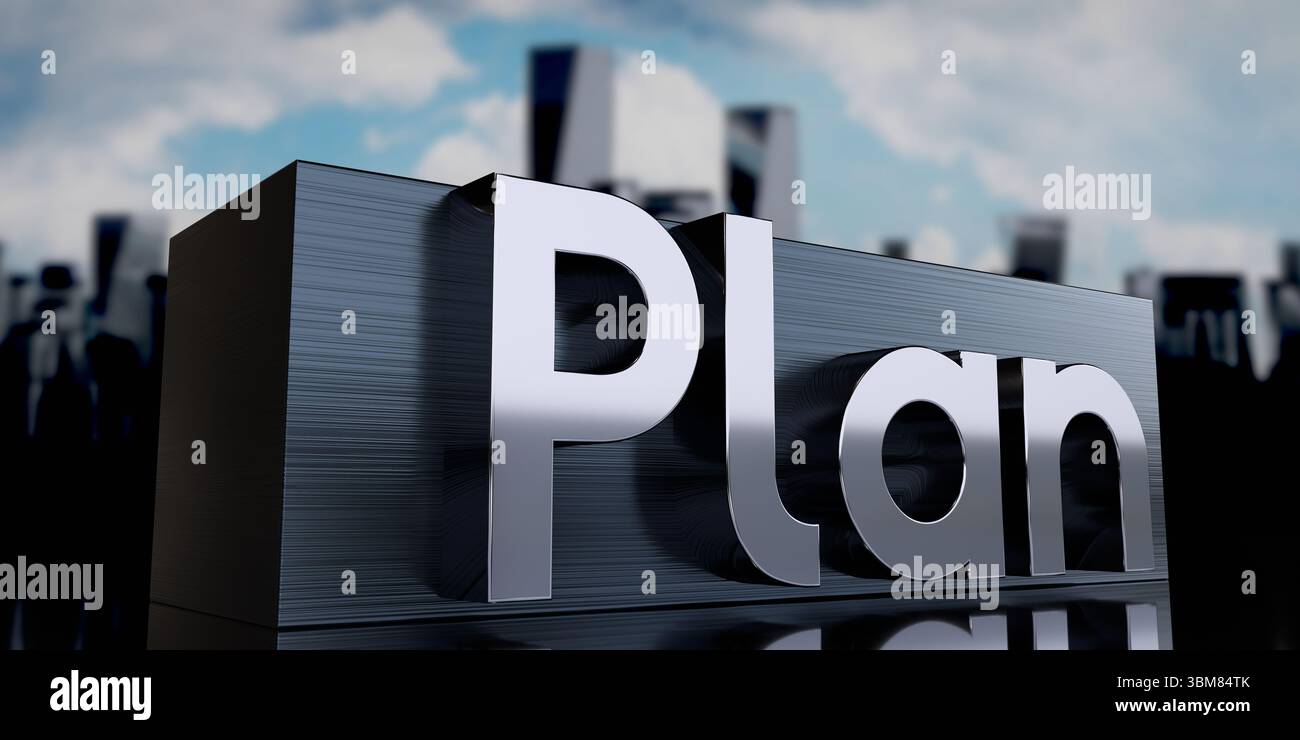 Plan - metal cuboid and skyscrapers - 3D illustration Stock Photo - Alamy