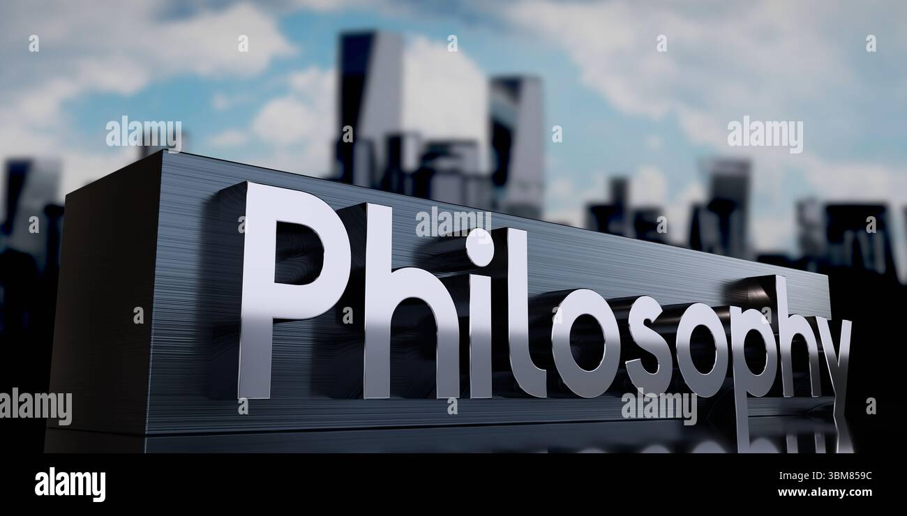 Philosophy - metal cuboid and skyscrapers - 3D illustration Stock Photo ...