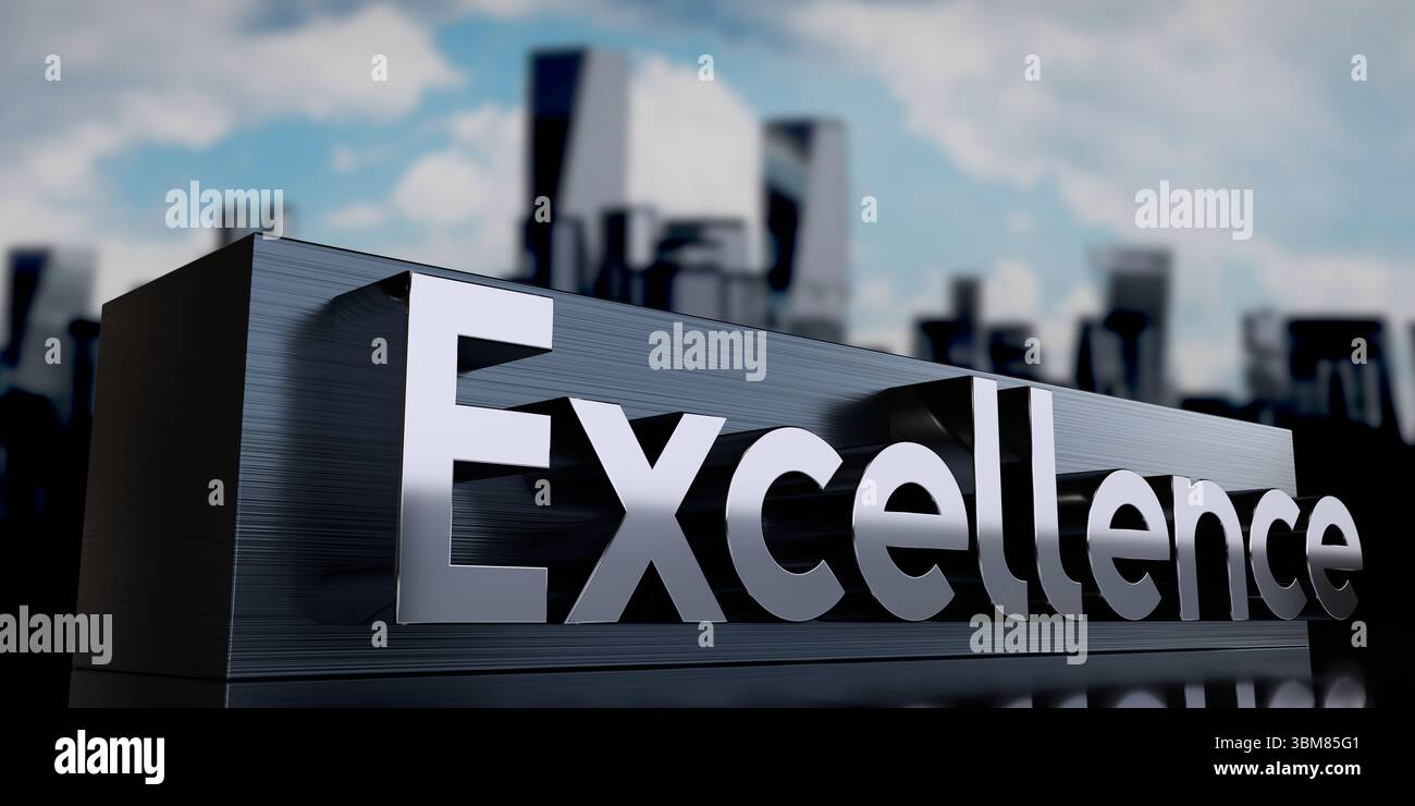 Excellence - metal cuboid and skyscrapers - 3D illustration Stock Photo ...