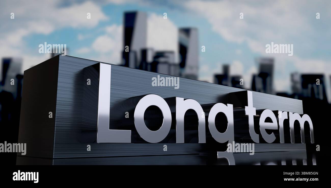 Long term - metal cuboid and skyscrapers - 3D illustration Stock Photo ...