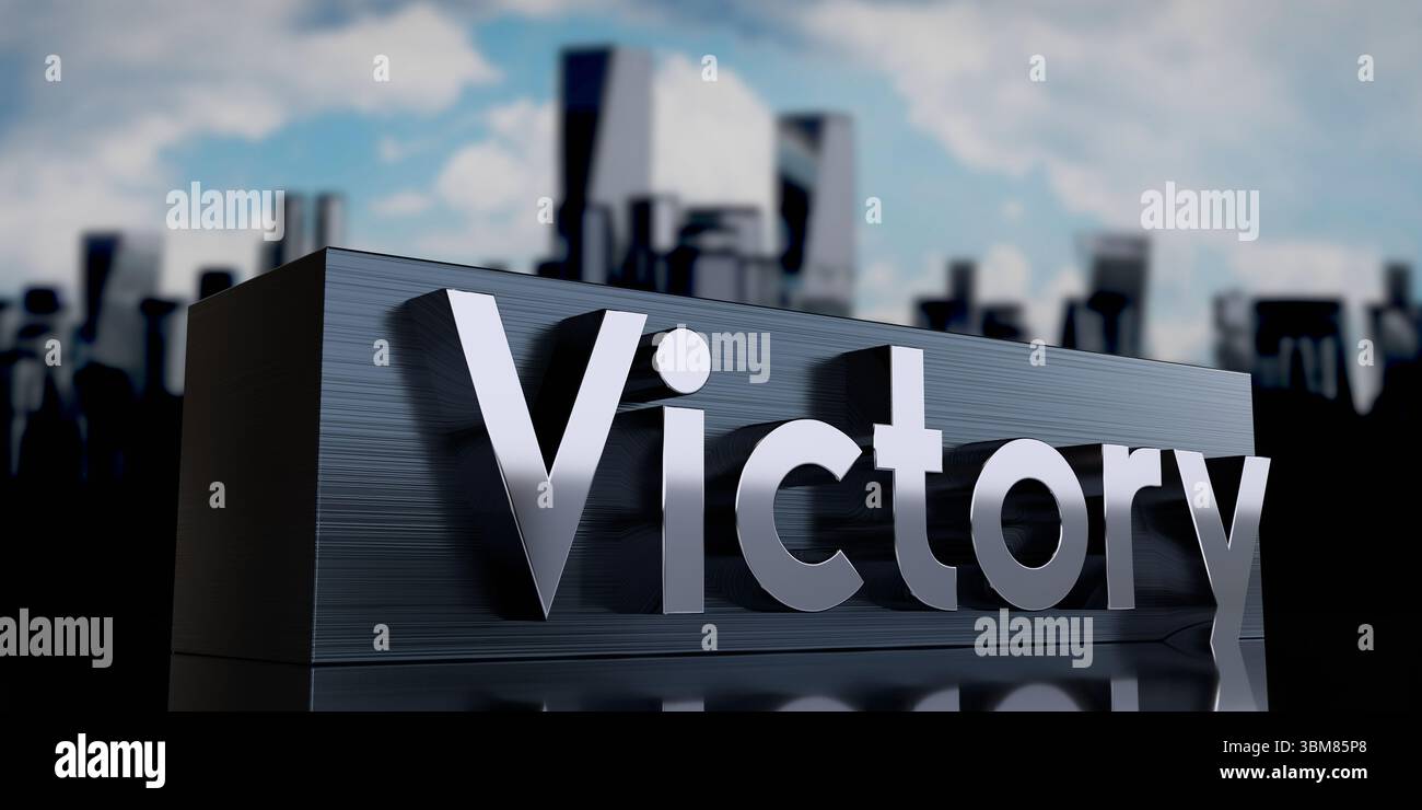 Victory - metal cuboid and skyscrapers - 3D illustration Stock Photo ...