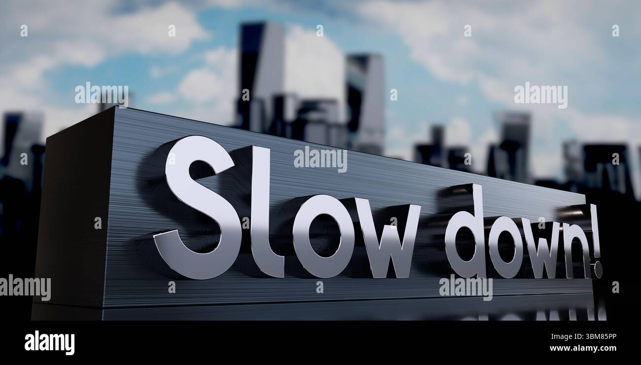 Slow down - metal cuboid and skyscrapers - 3D illustration Stock Photo ...