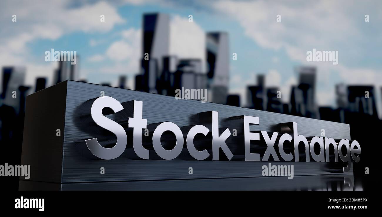 Stock exchange - metal cuboid and skyscrapers - 3D illustration Stock ...