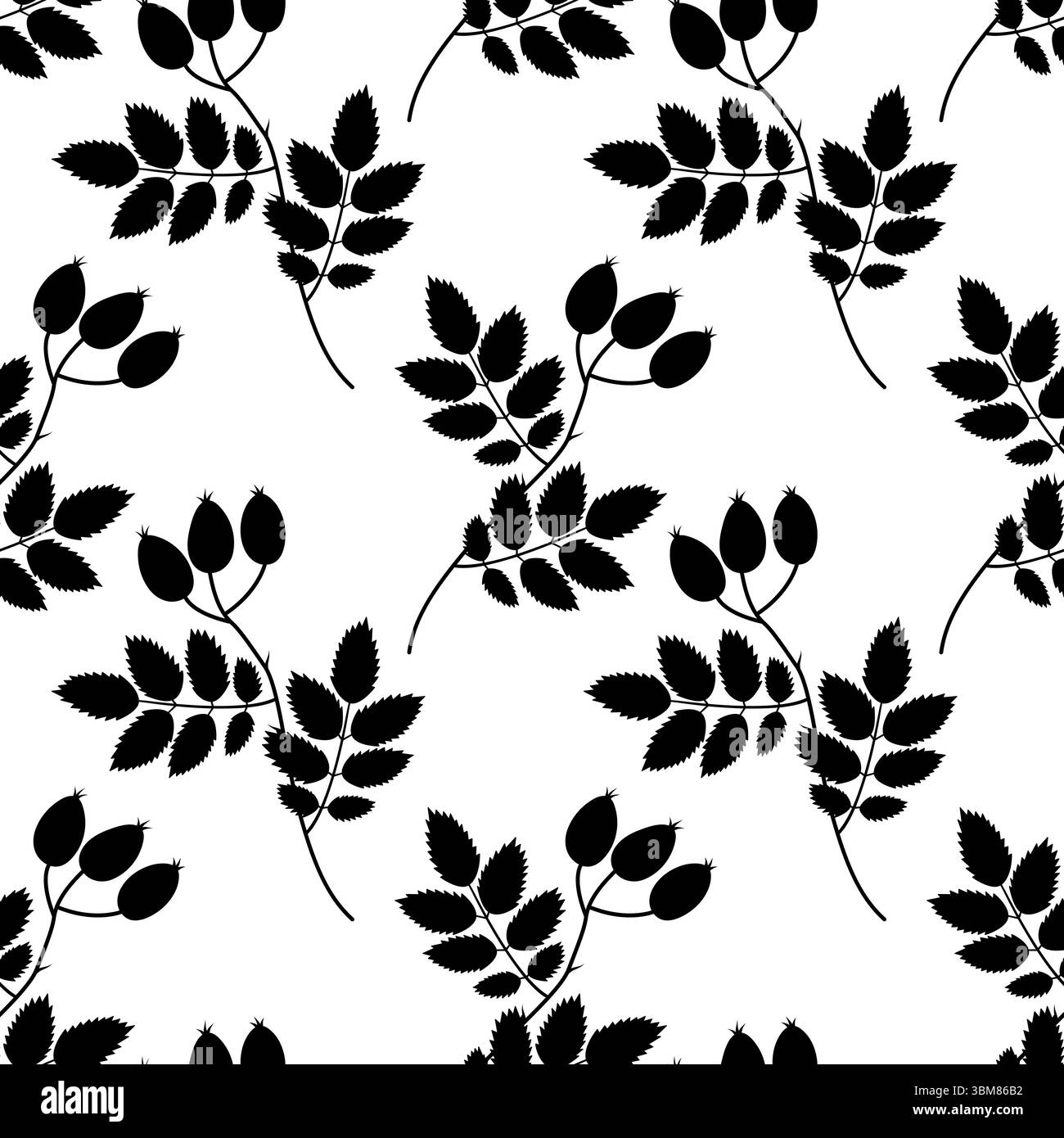 Hand Drawn Silhouette Rose hips on branch with leaves Seamless Pattern ...