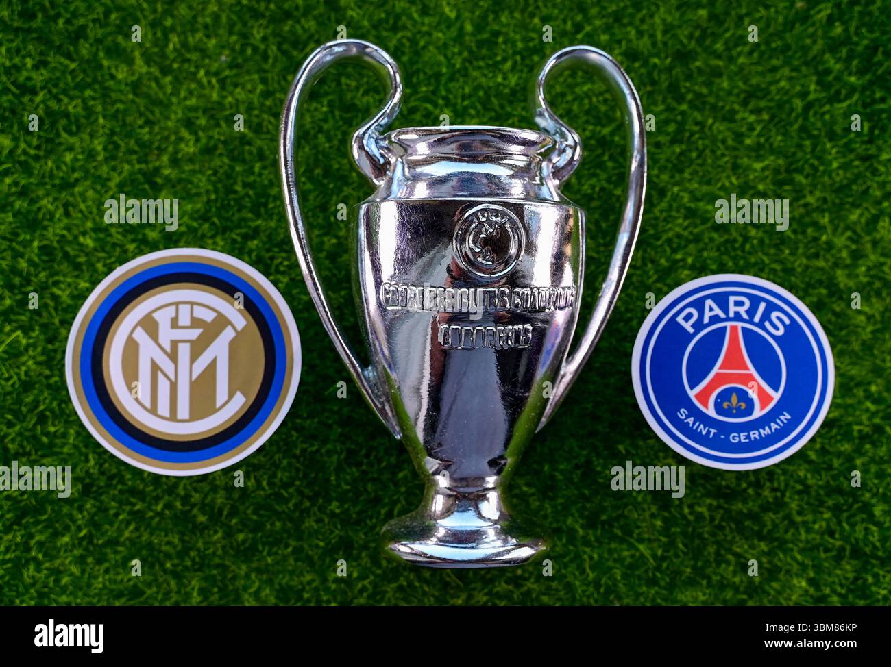 May 16, 2025, Munich, Germany. Emblems of football clubs participating ...