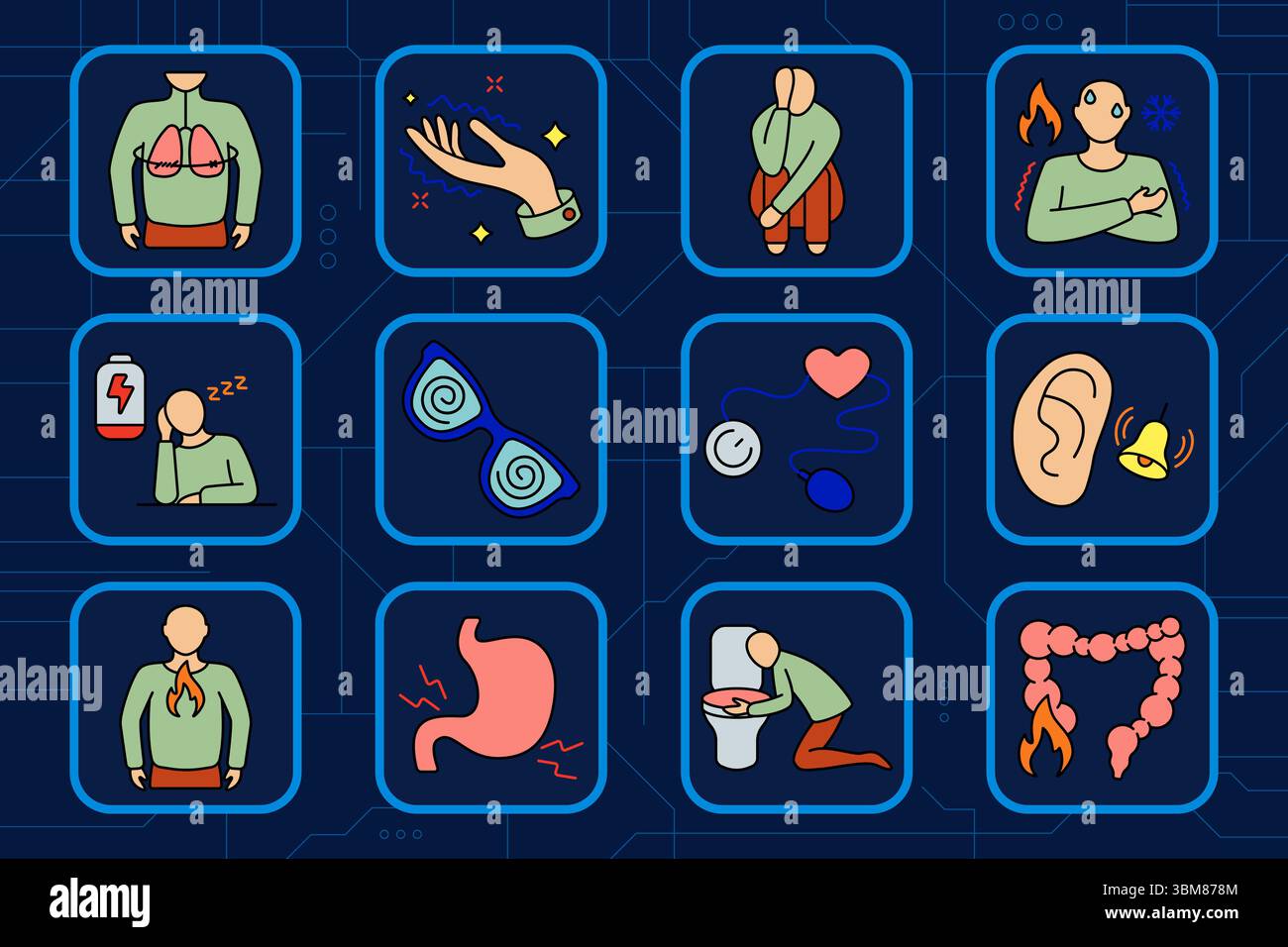 Panic symptoms set icon. Lung pressure, shaking hand, crouching man ...