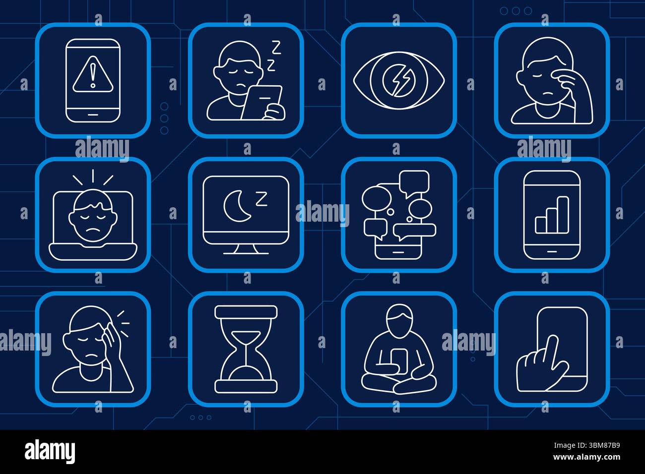 Screen addiction set icon. Phone warning, sleepy boy, dry eye, digital ...