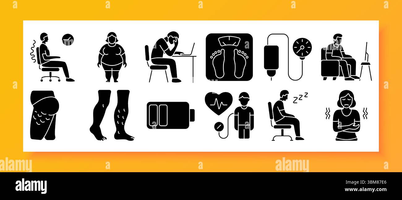 Sedentary lifestyle set icon. Shows seated person, scale, cellulite ...