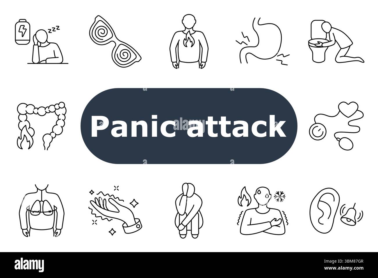 Panic attack set icon. Energy loss, confusion, chest fire, stomach ...