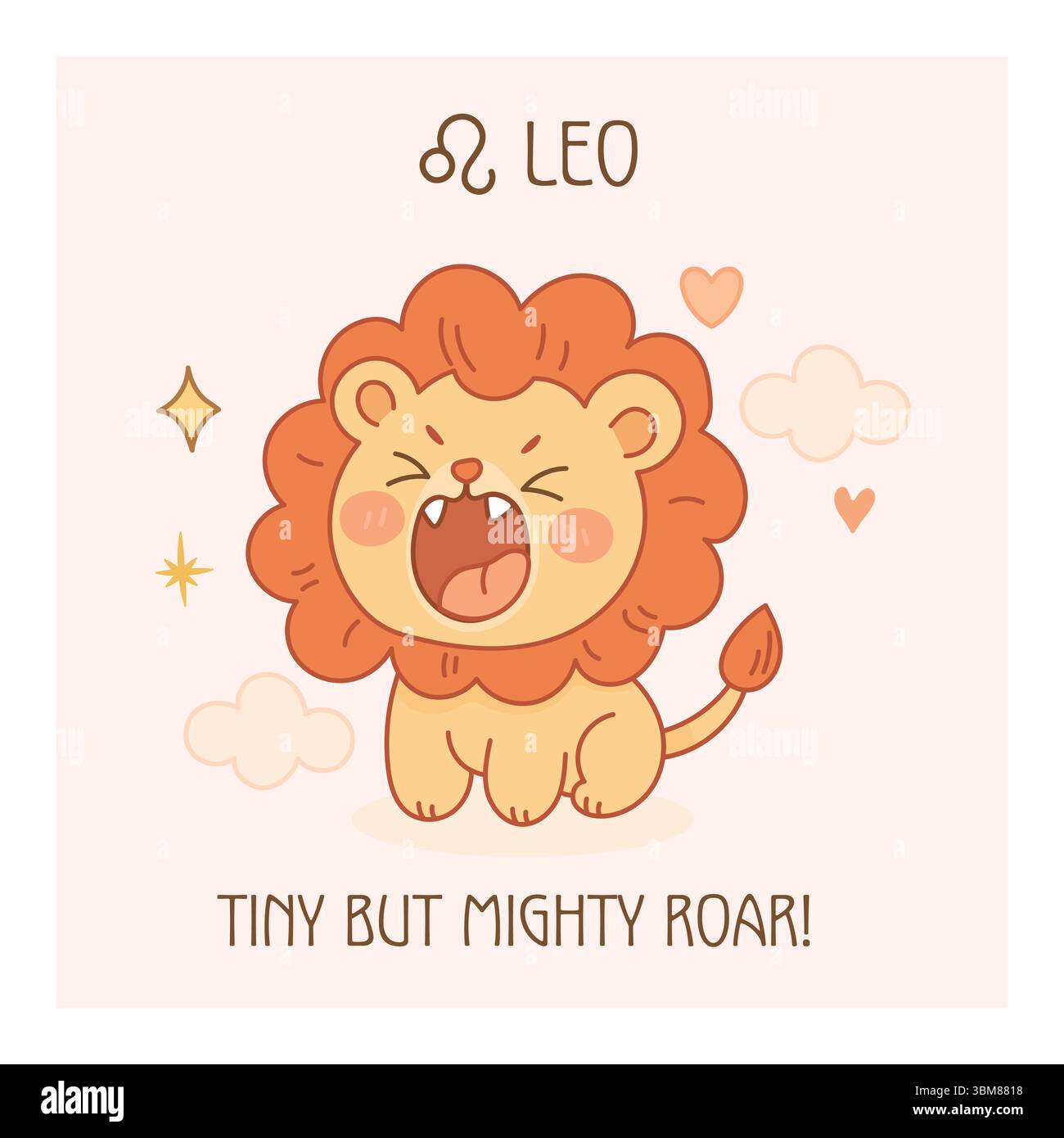 Cartoon Leo lion roaring with stars and hearts around, shown in a soft ...