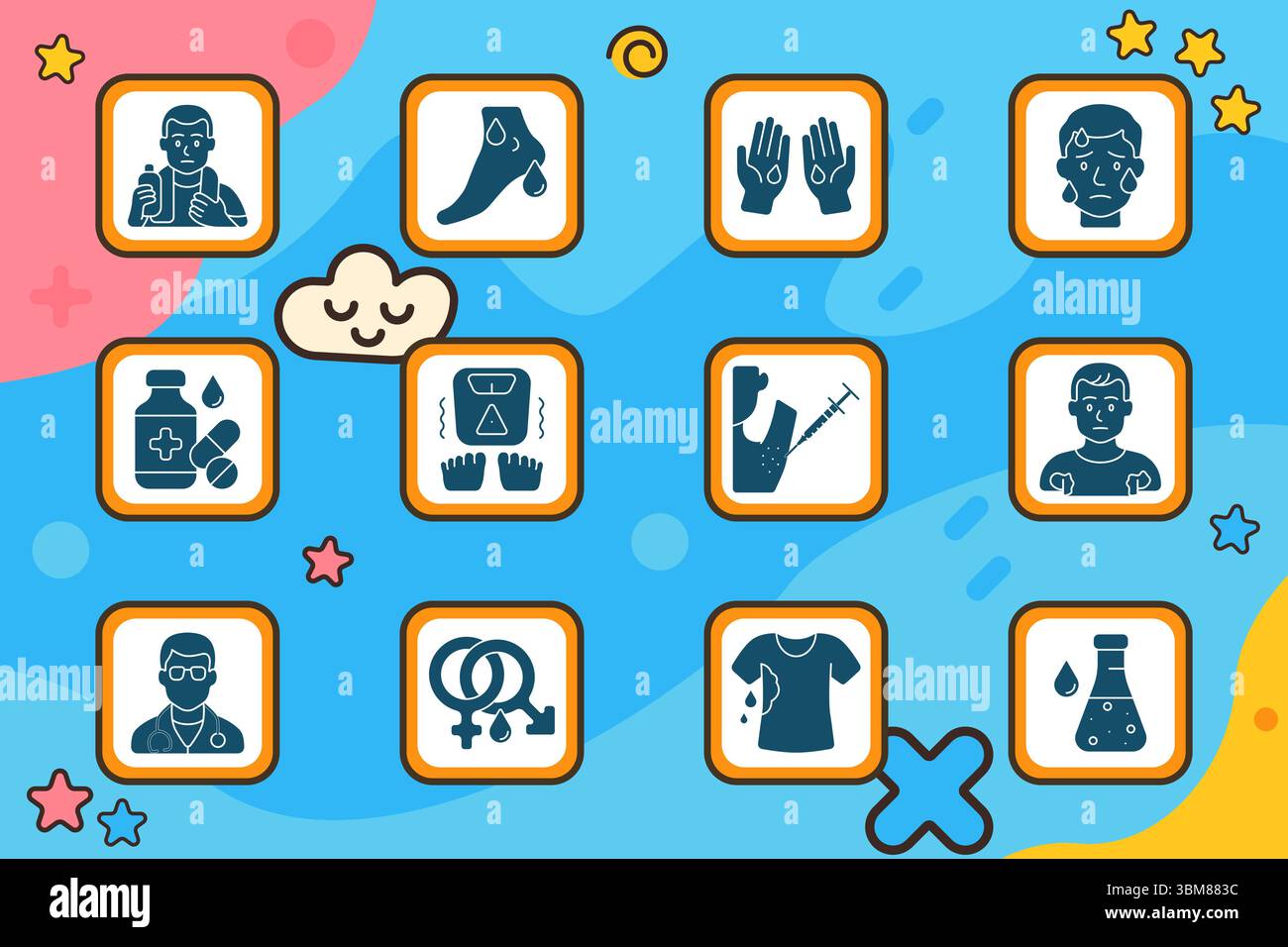 Sweating symptom set icon. Man with bottle, sweating foot, sweaty hands ...