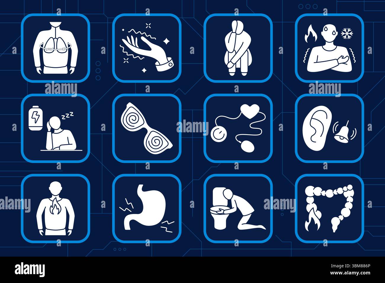 Body disorder set icon. Lung issue, tingling hand, crouched posture ...