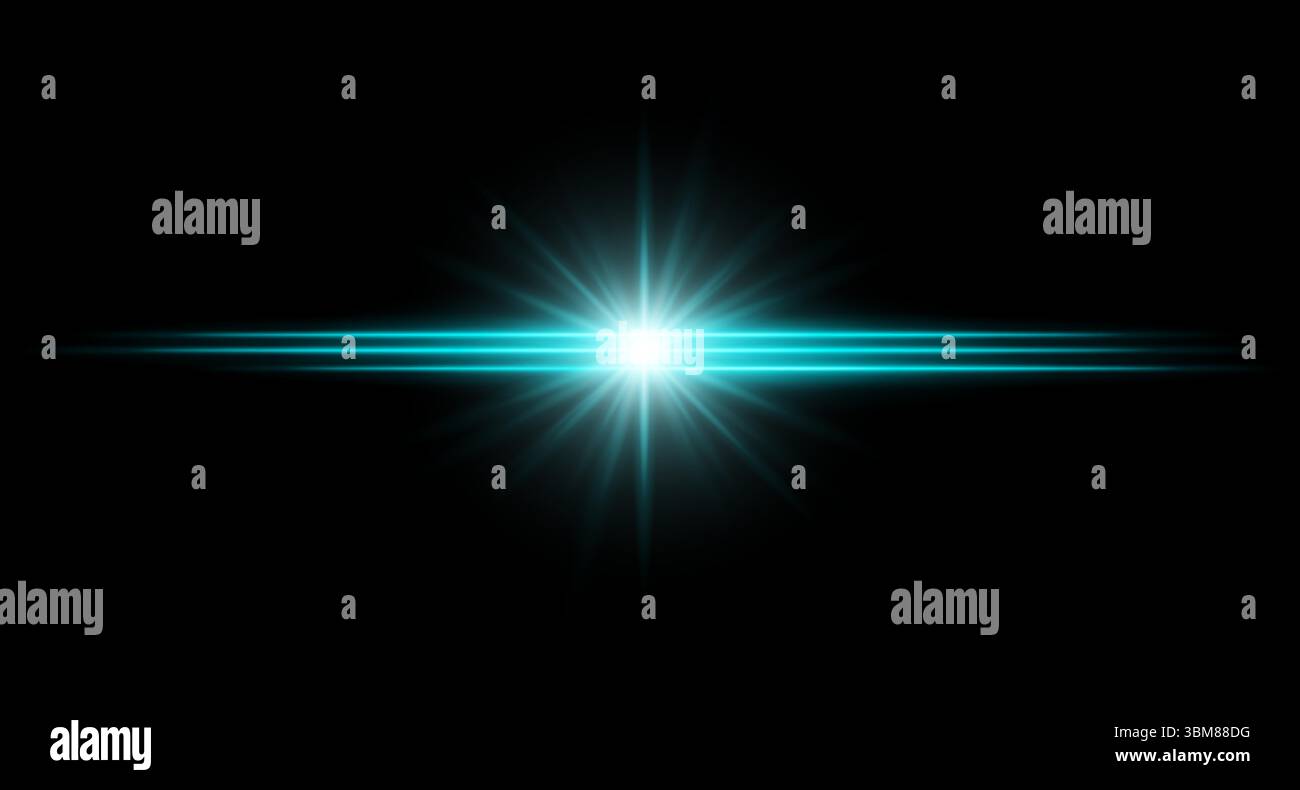 Blue flare. Bright horizontal glow with radial light beams, high ...