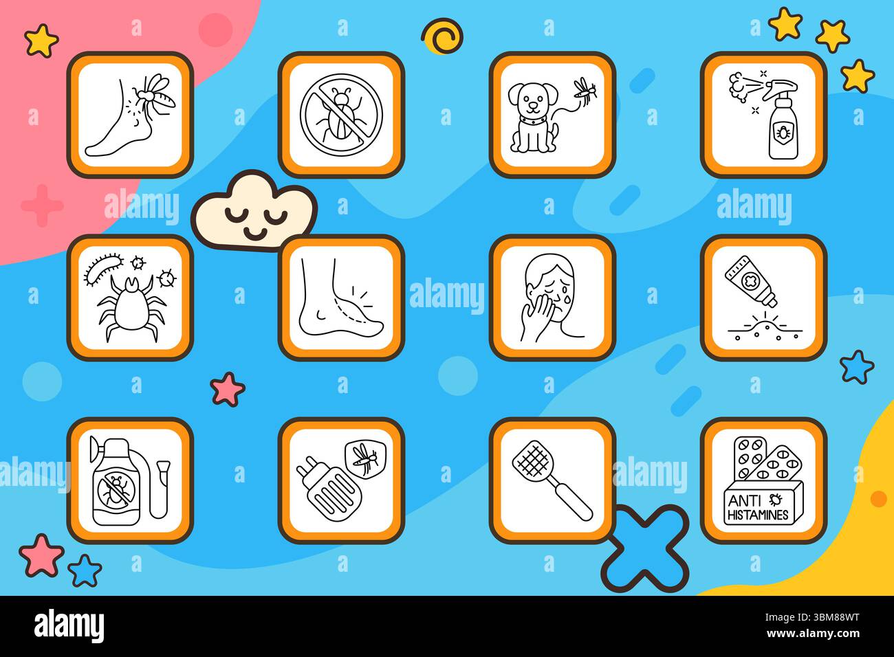 Insect allergy set icon. Mosquito on foot, crossed insect, dog with ...