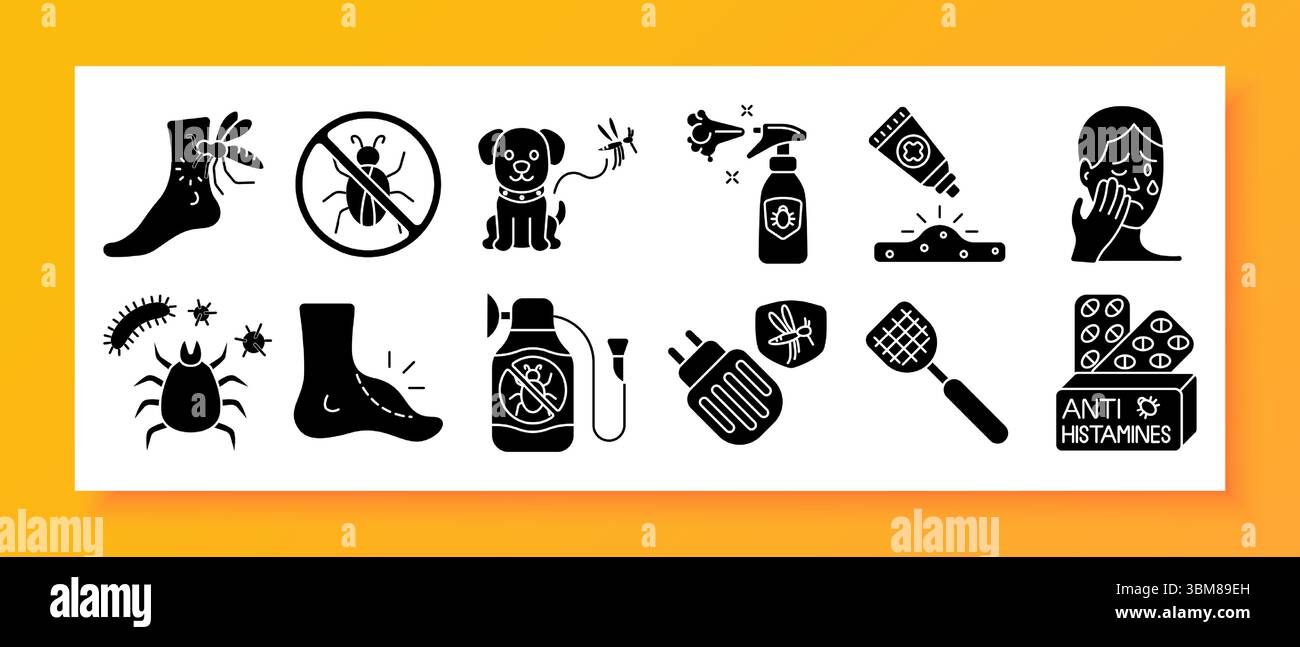 Insect bite prevention and treatment set icon. Shows mosquitoes, ticks ...