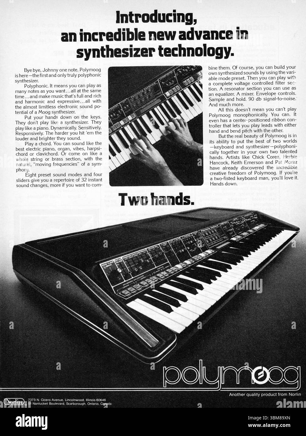 an advertisement from a late 1970s magazine for a Norlin Polymoog which ...