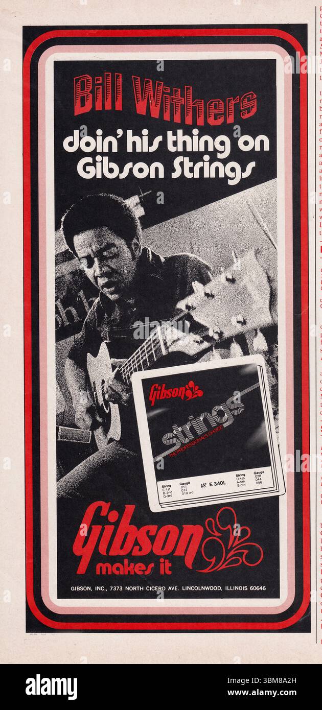 An ad for Gibson guitar strings featuring an endorsement by the late ...
