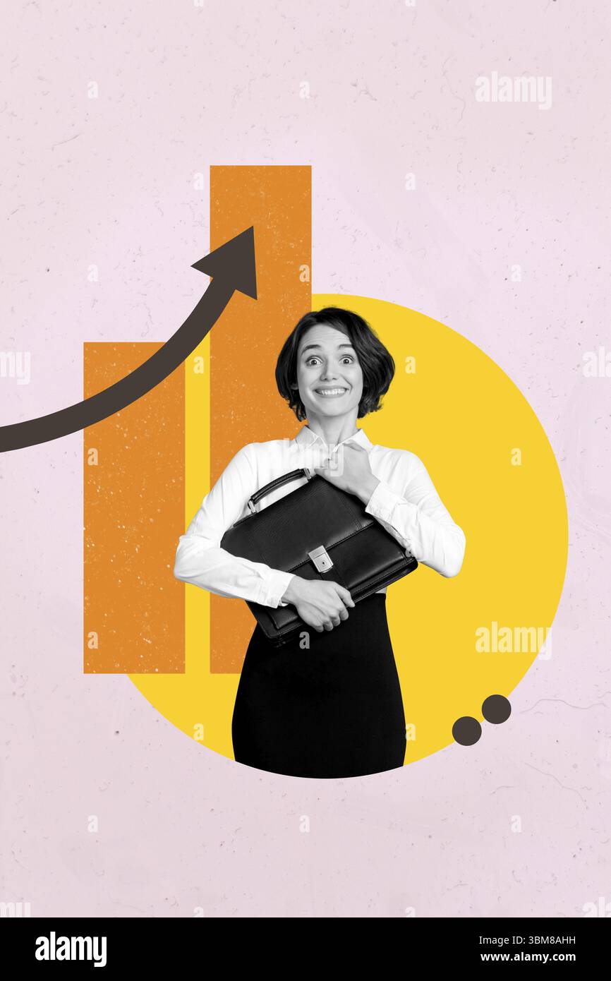 Pop image sketch 3d collage poster of happy businesswoman businessman stand arrow development ...