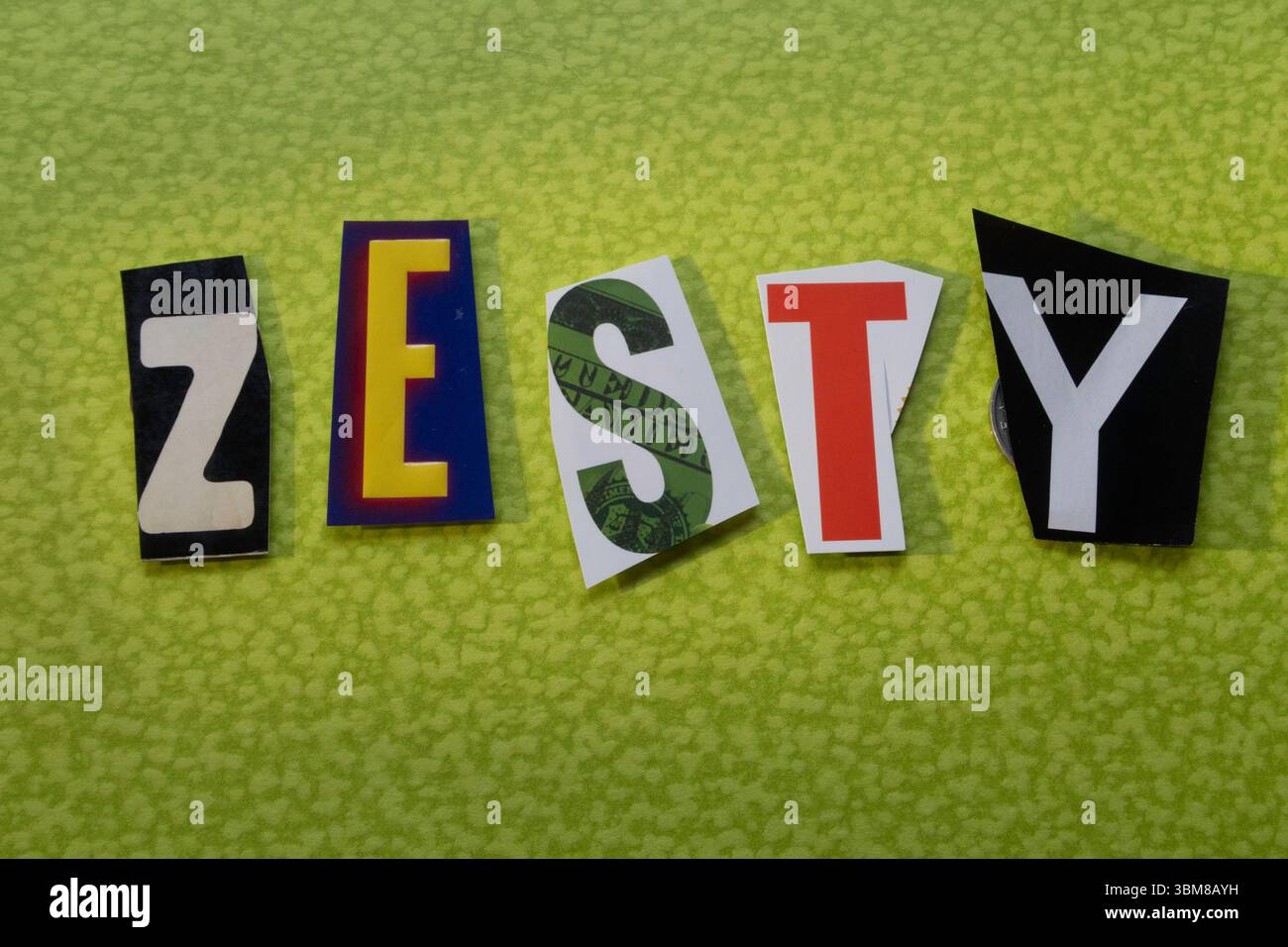 "ZESTY" using cut-out paper letters in the ransom note effect ...