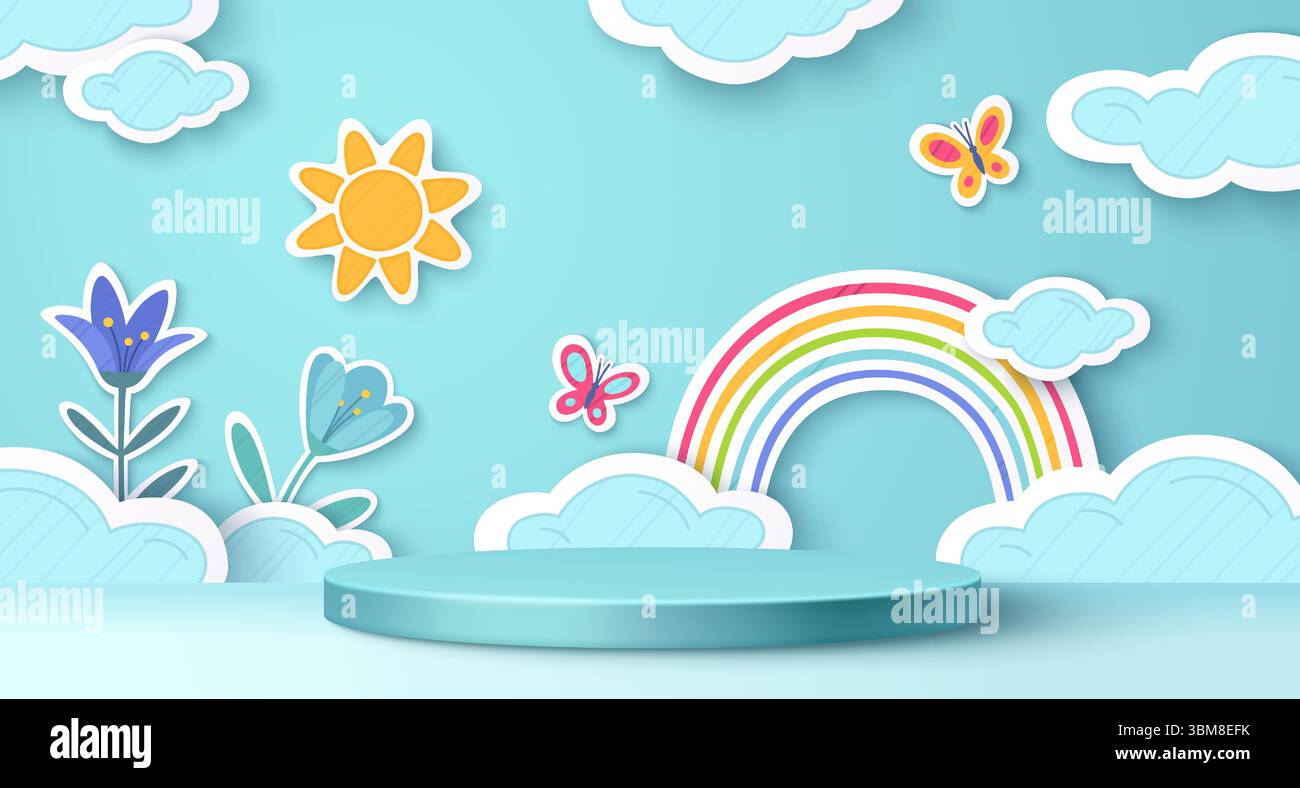 Paper cut rainbow scene with blue sky background - colorful arch ...