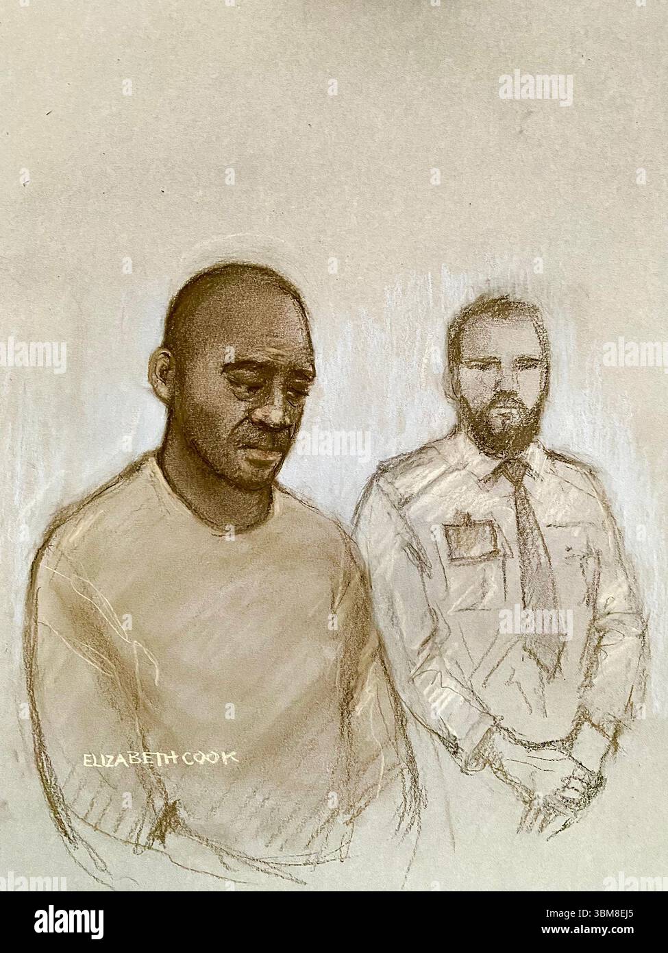 Court artist drawing by Elizabeth Cook of Clifton George (left ...