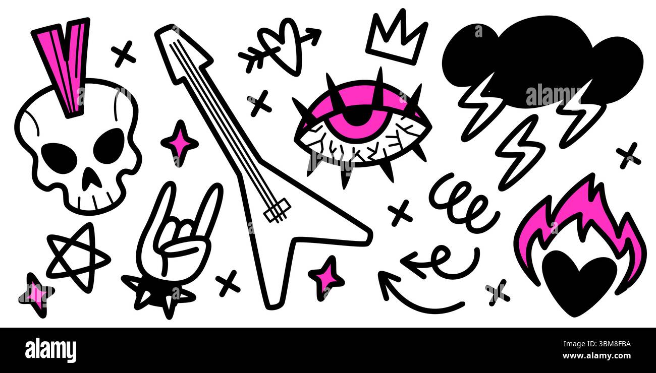Edgy punk rock doodle set with skull and guitar, lightning and spiky ...