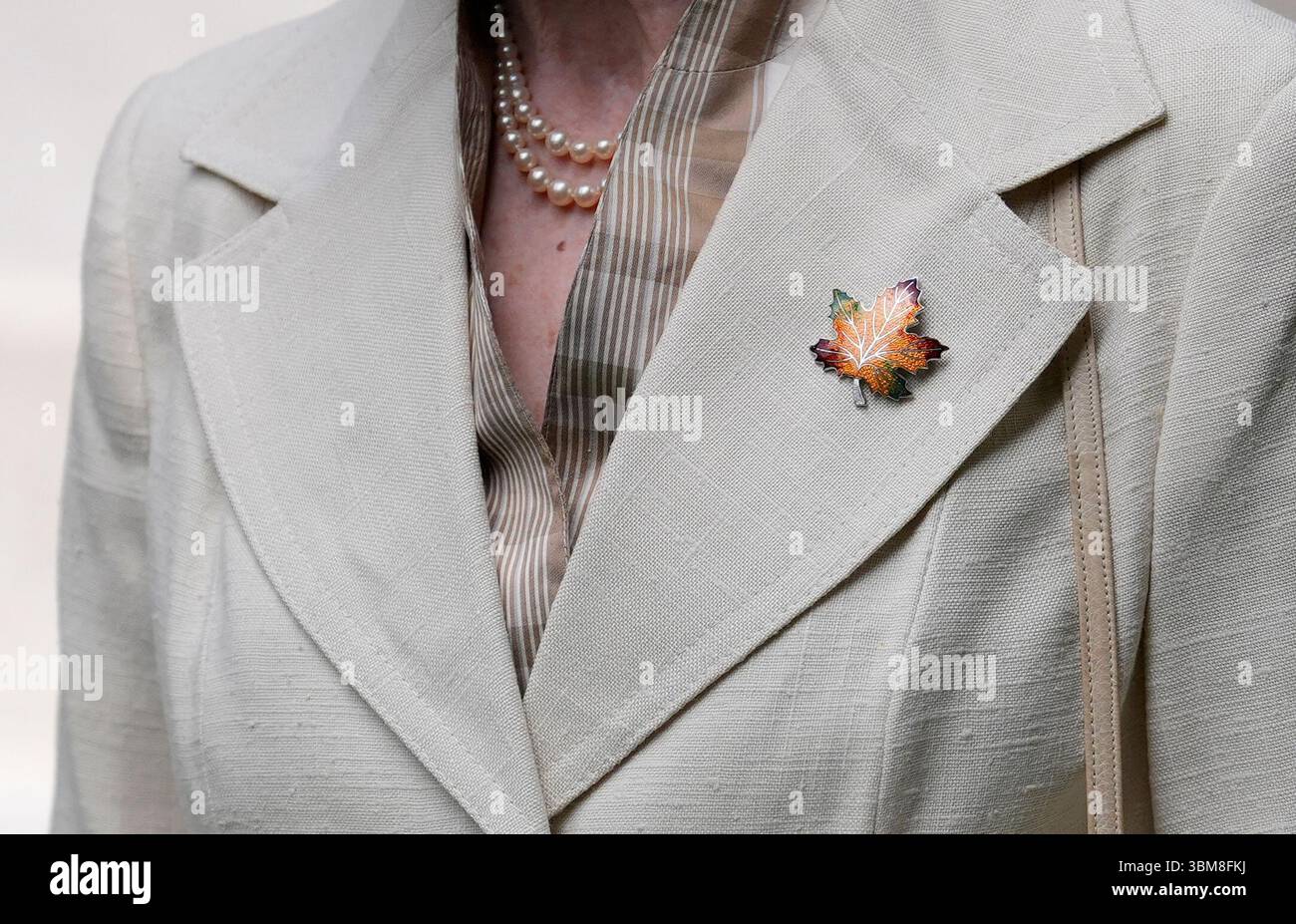 A view of a maple leaf broach worn by the Princess Royal during the ...