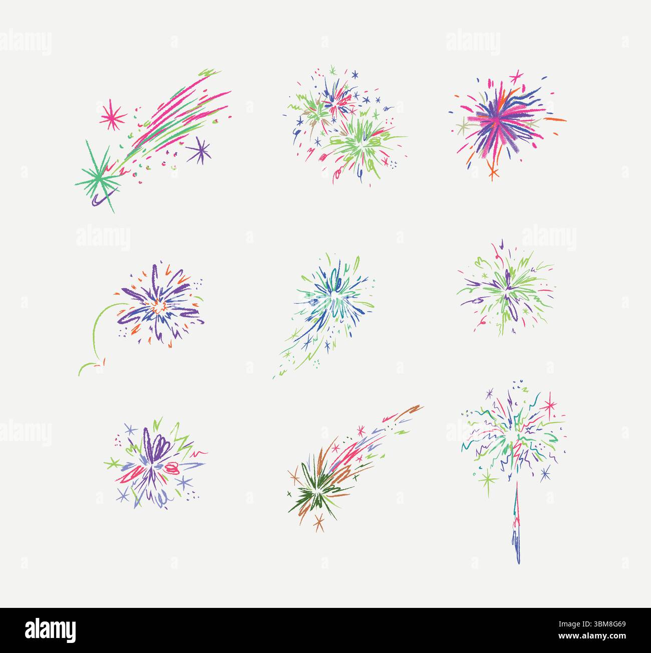 Fireworks with stars, sparks and firecracker drawing in multicolored on ...