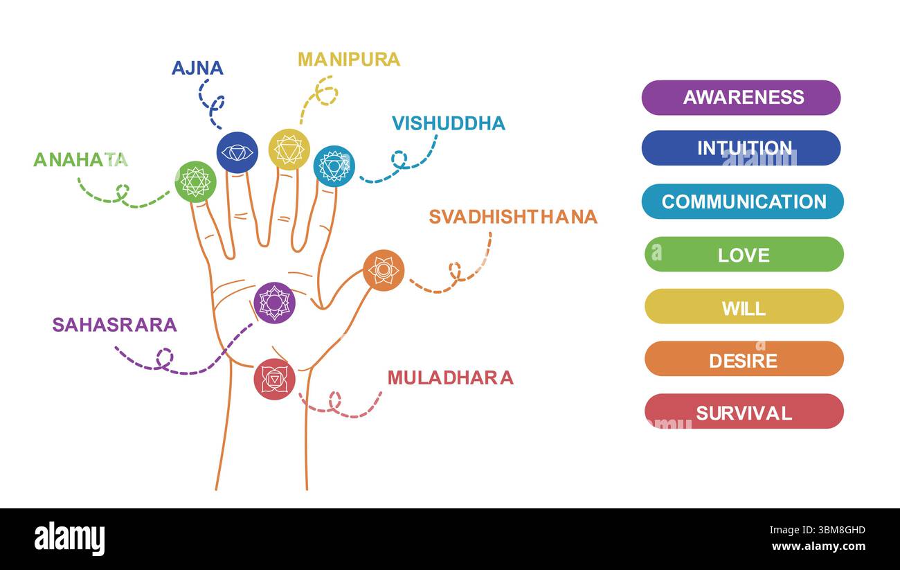 Chakras on a hand palm infographic vector illustration with names, titles, line art symbol icons ...