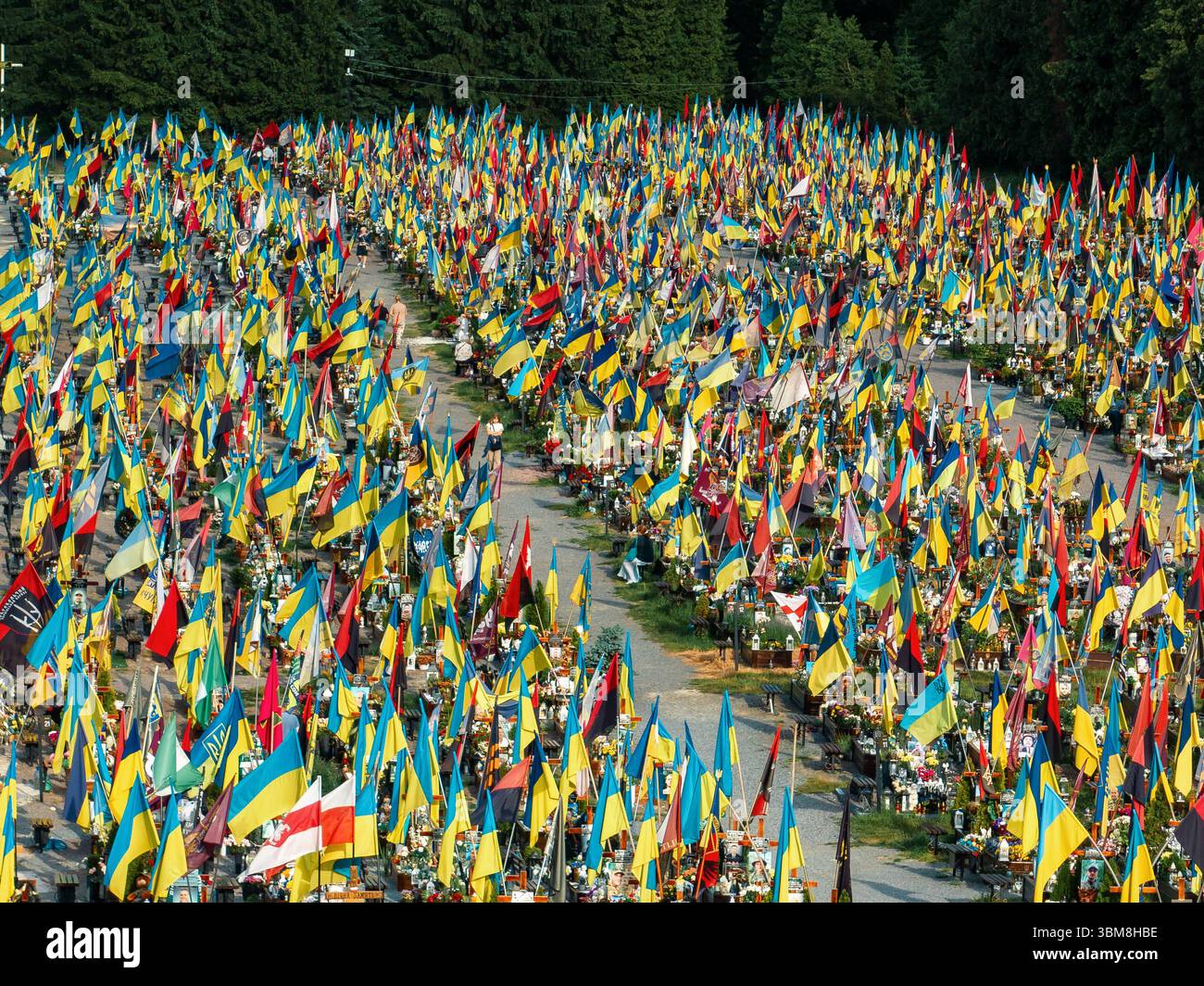 (EDITORS NOTE: Image taken with drone)Ukrainian flags are seen adorning ...