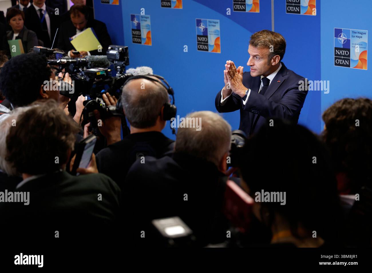 French President Emmanuel Macron speaks during a media conference at ...