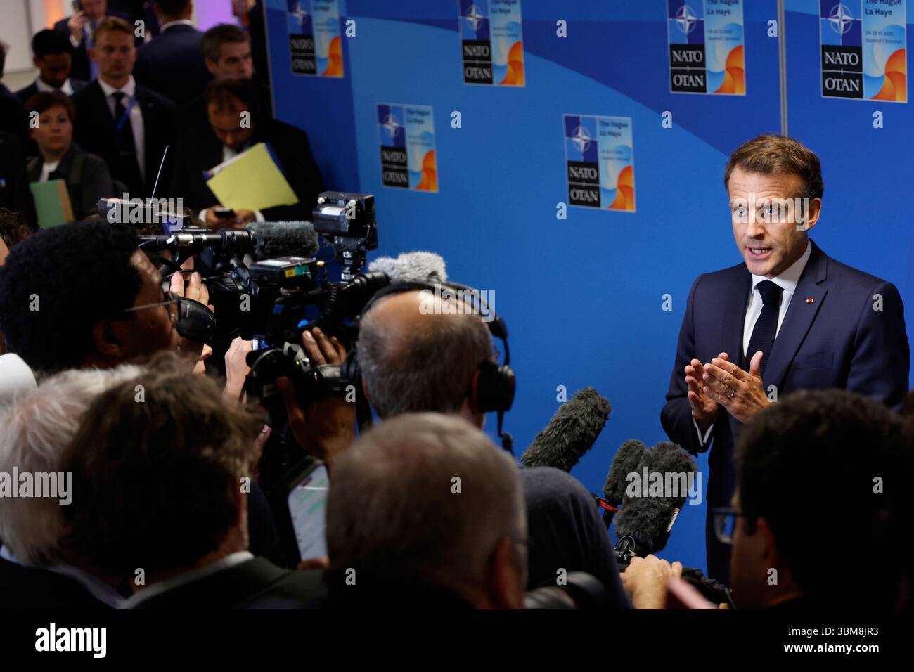 French President Emmanuel Macron speaks during a media conference at ...