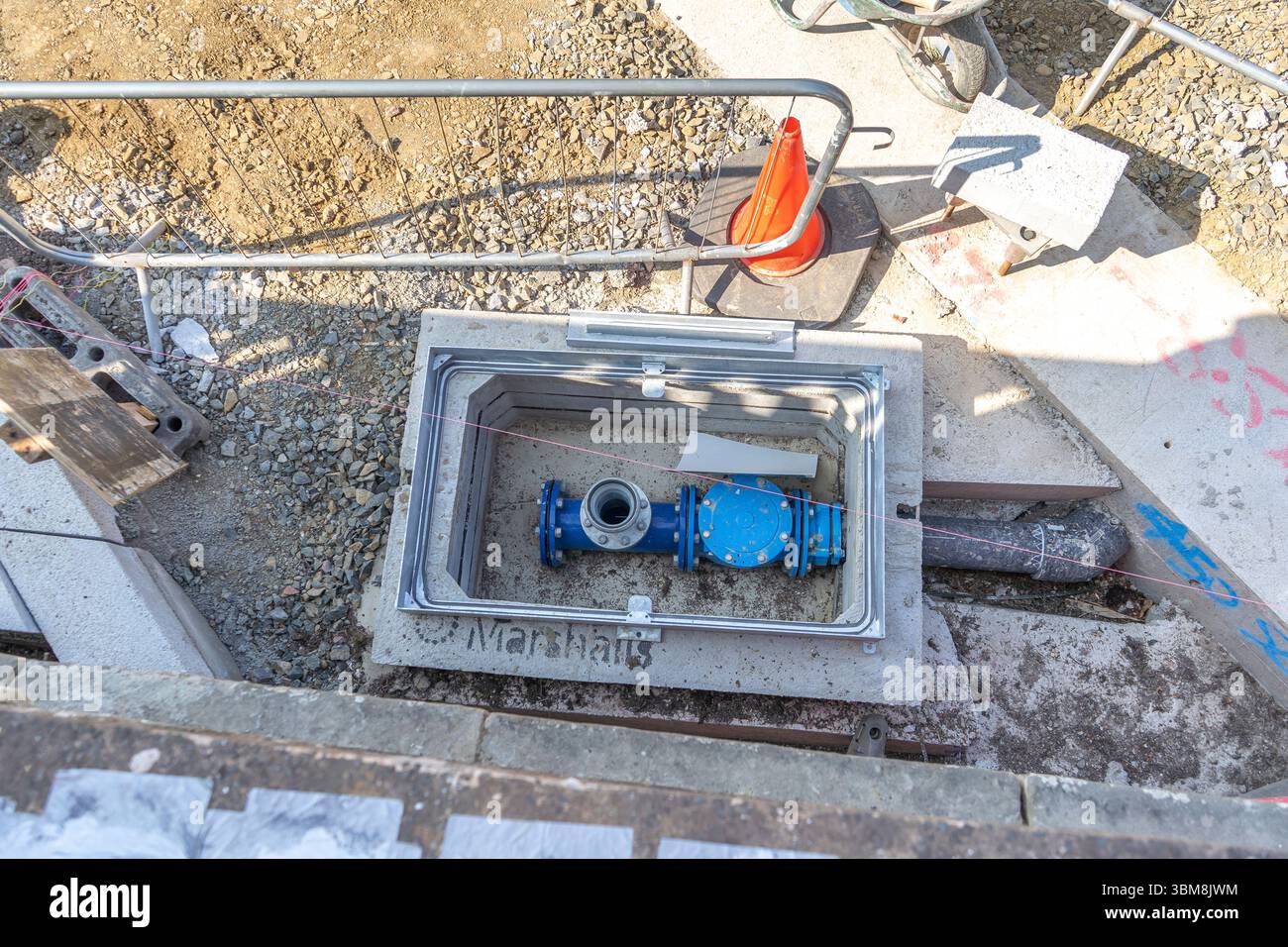 Top view of newly installed flood pumping system pipework, part of ...