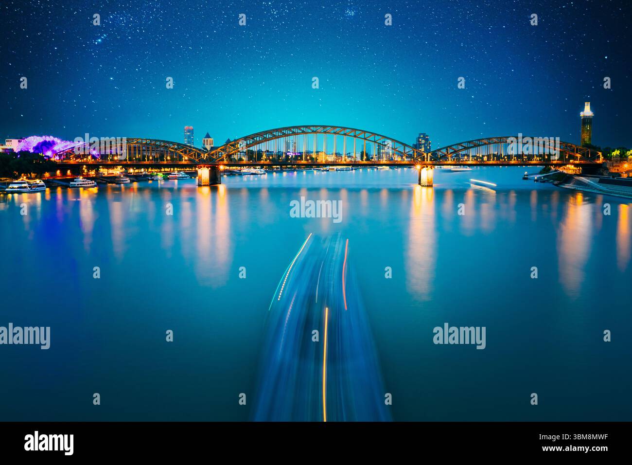 Night View Of Hohenzollern Arch Bridge Over River Rhine, Germany ...