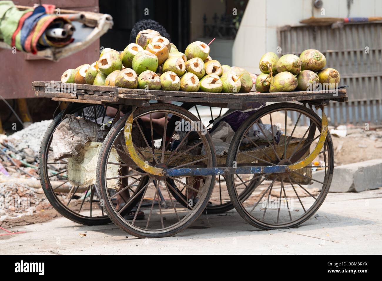 Fresh coconuts on a market stall in India, tropical fruit and milk ...