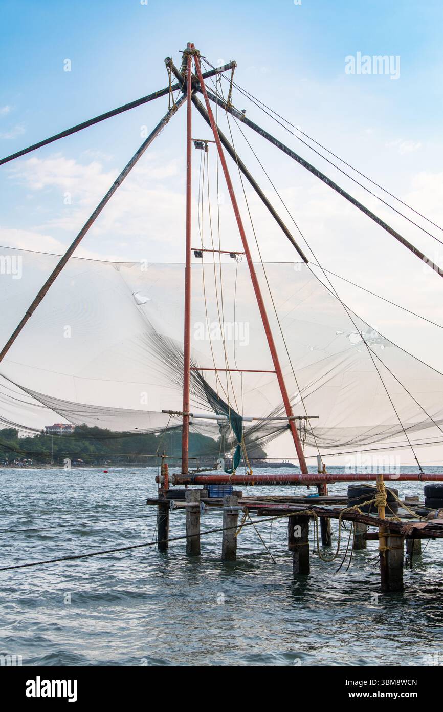 Chinese fishing nets on the shore of Kochi, Kerala in India, Cheenavala ...