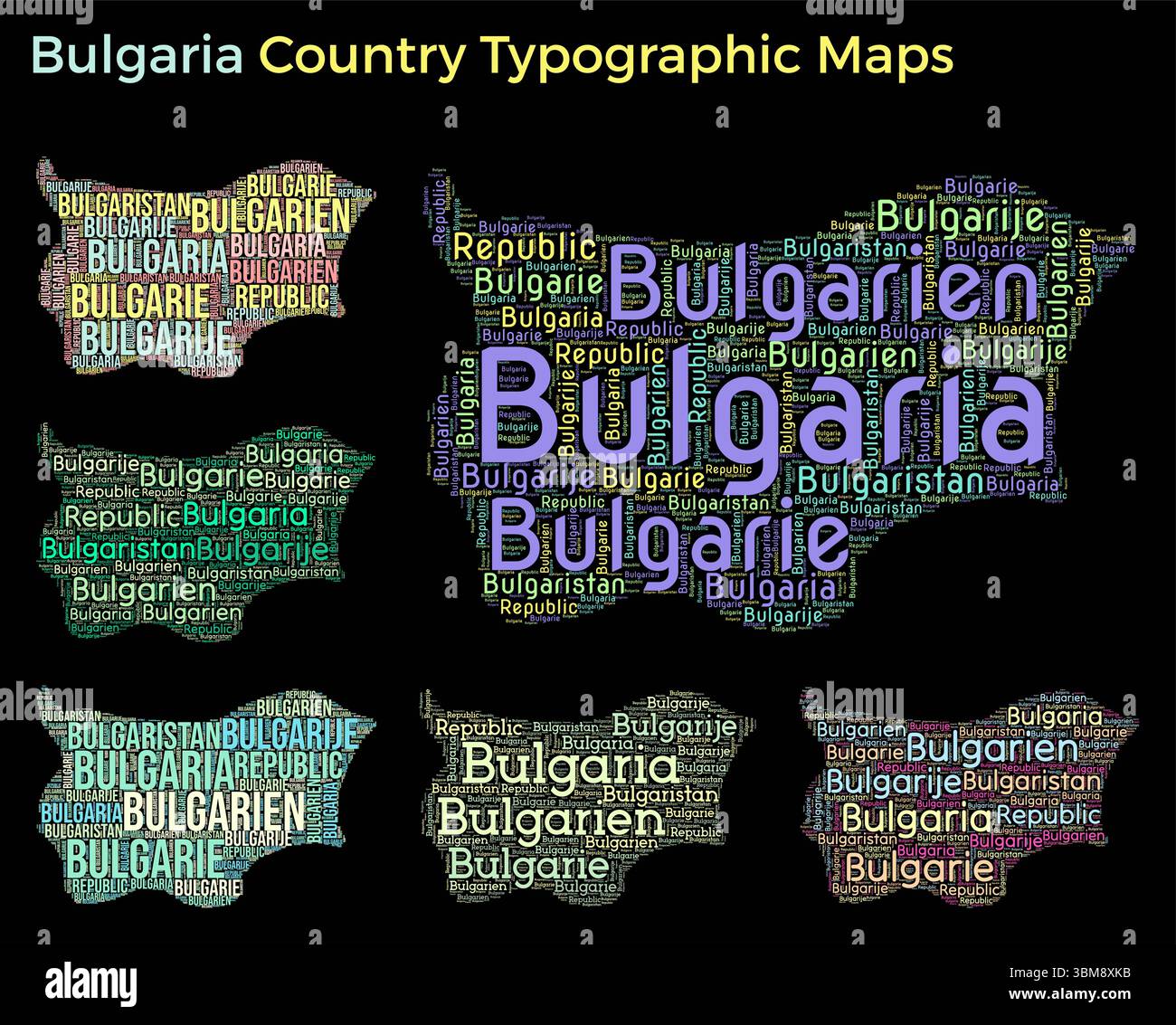 Set of typography style country illustrations of Bulgaria. Bulgaria map ...