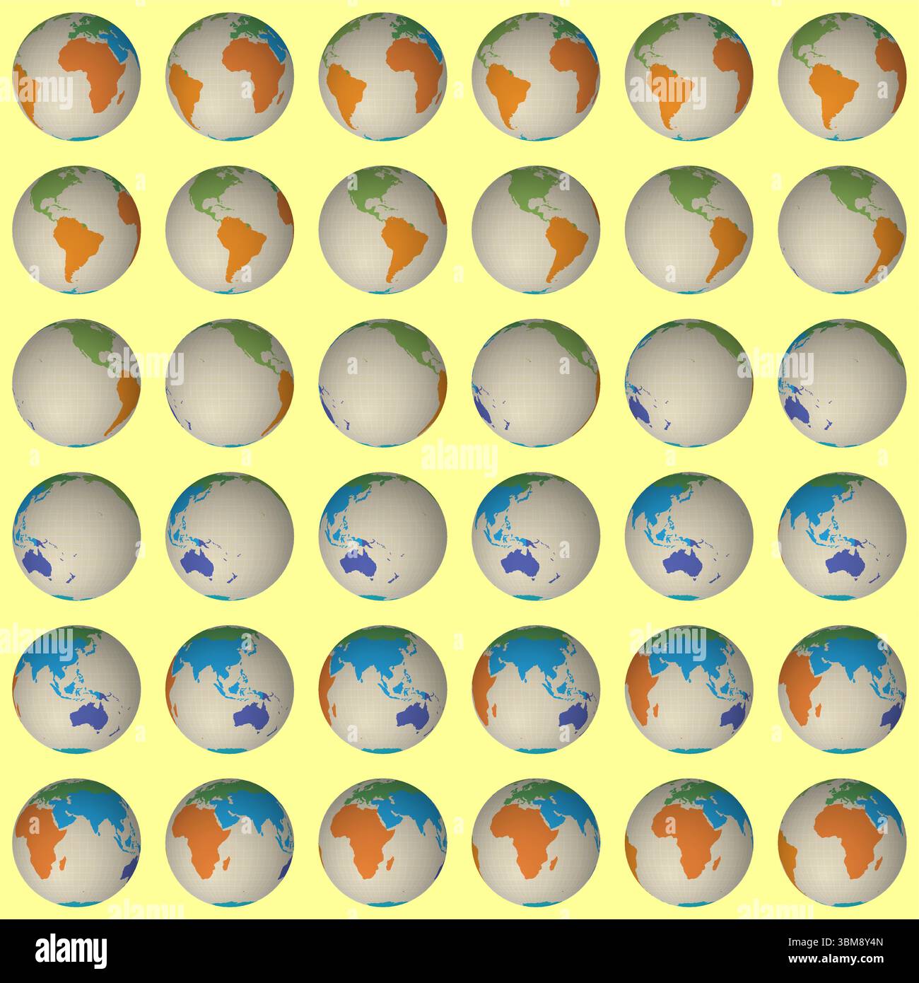 Collection of earth globes. Normal sphere view. Rotation step 10 ...