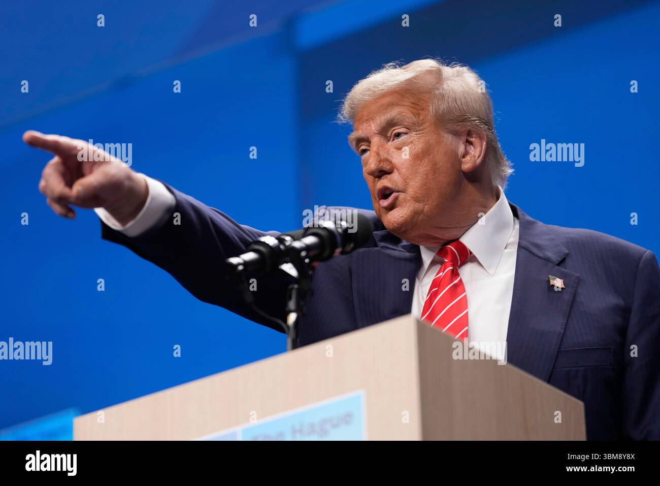 President Donald Trump speaks during a media conference at the NATO ...