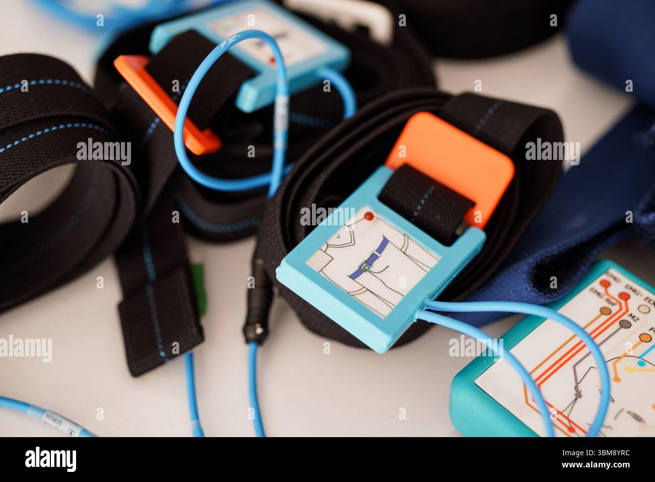 Polysomnography Setup with Blue Straps: Electrodes and Sensors for ...