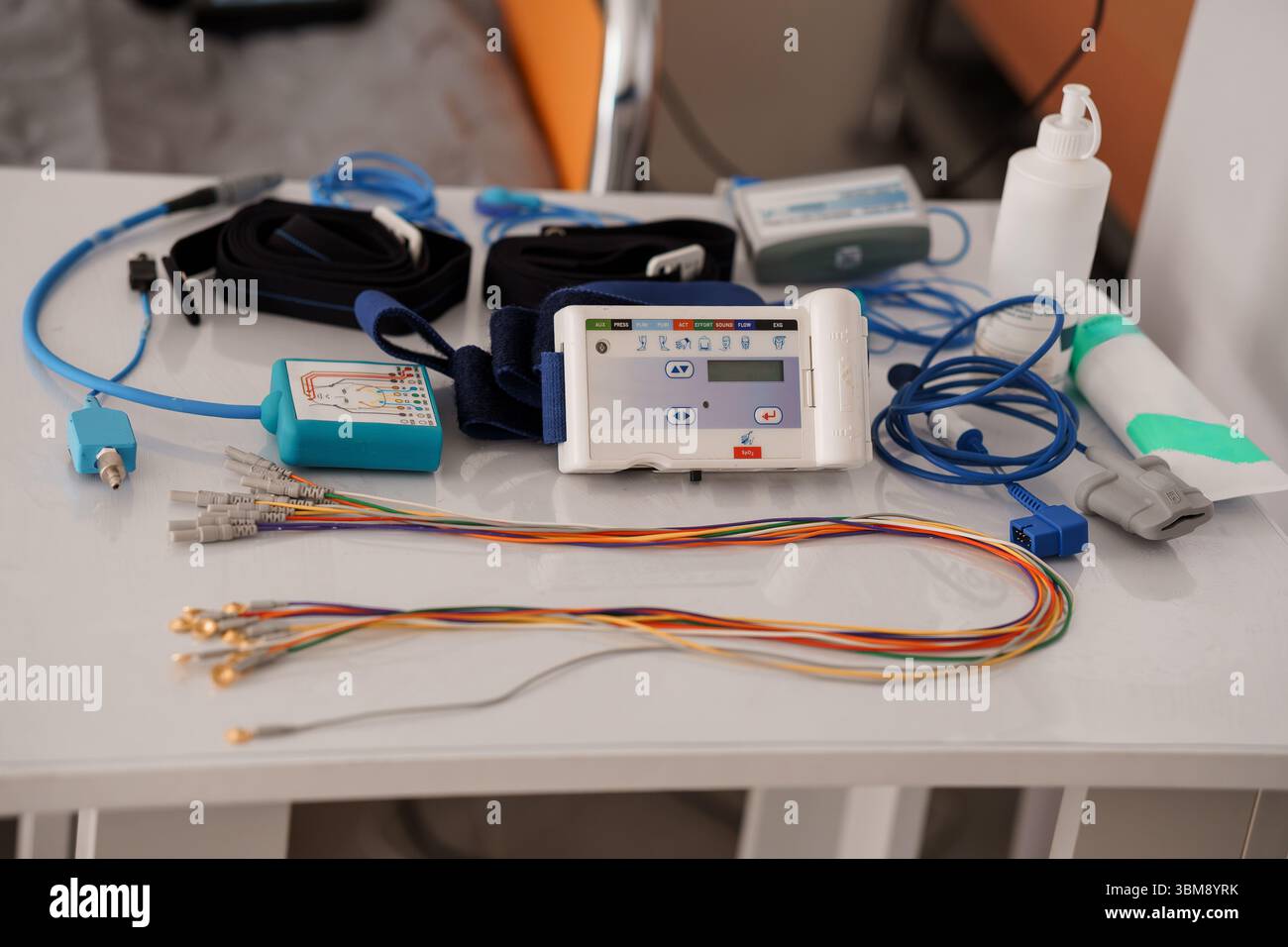 Polysomnography Setup for Sleep Study: ECG Monitor, Cables, Electrodes ...