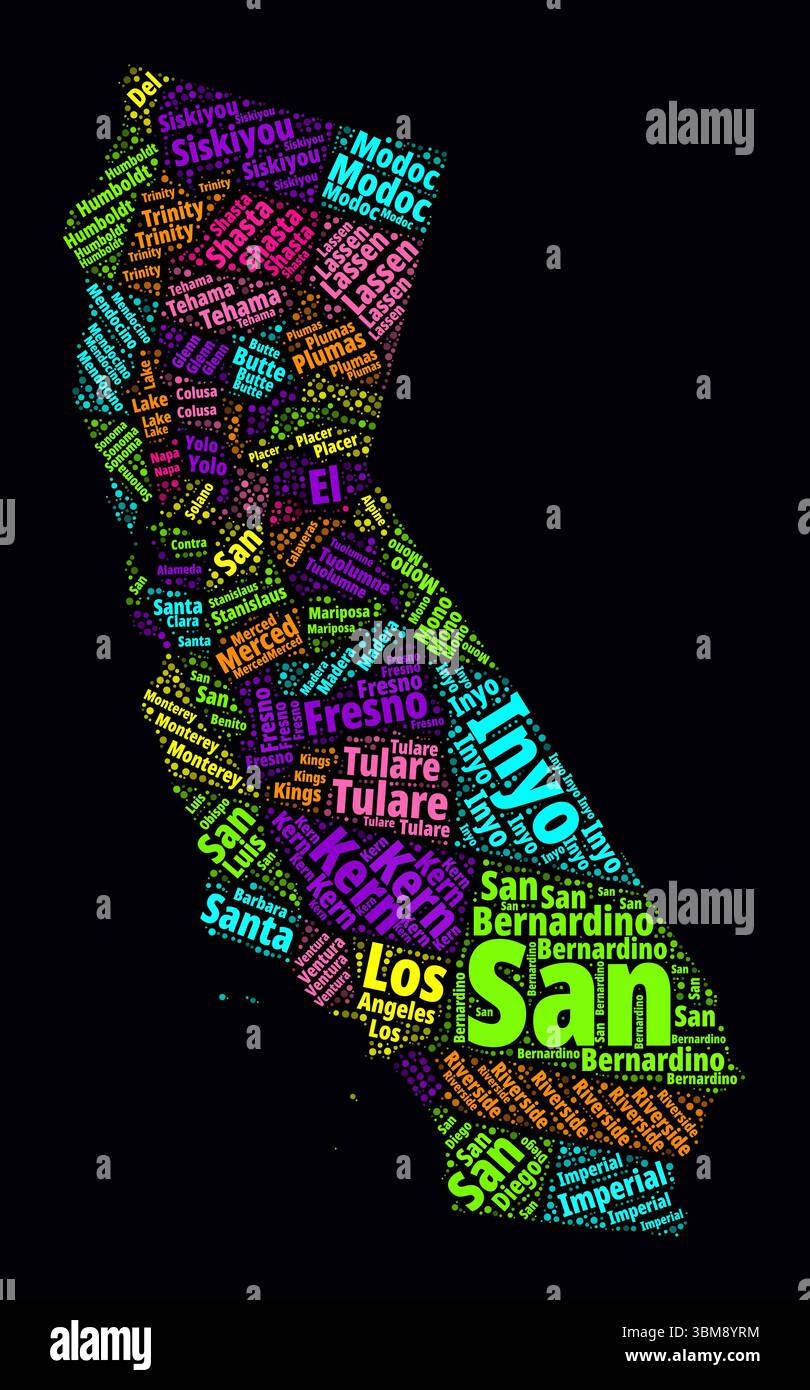 California Word Cloud. Bright neon style design on dark background ...