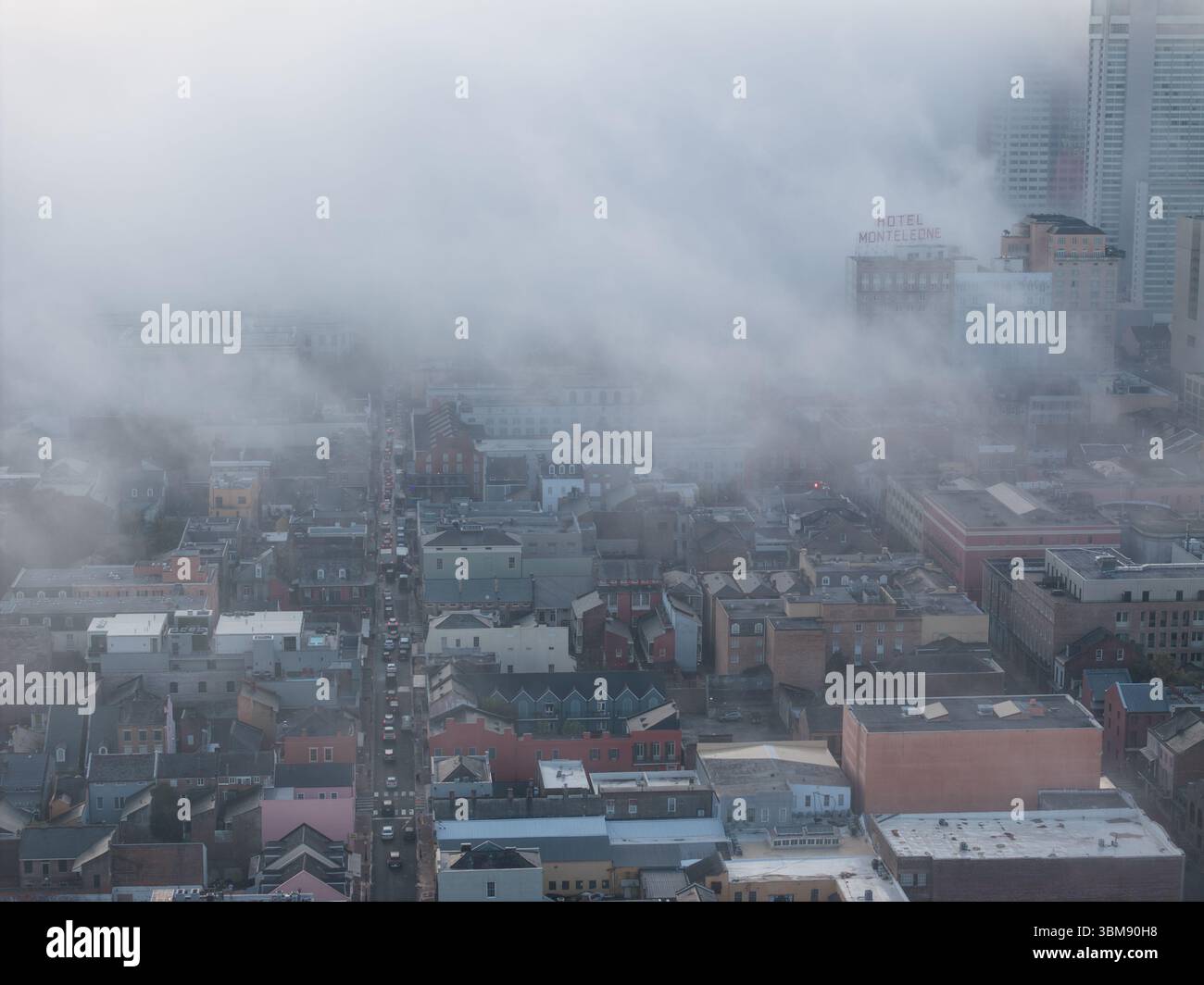 Aerial drone view of downtown New Orleans skyline shrouded in morning ...