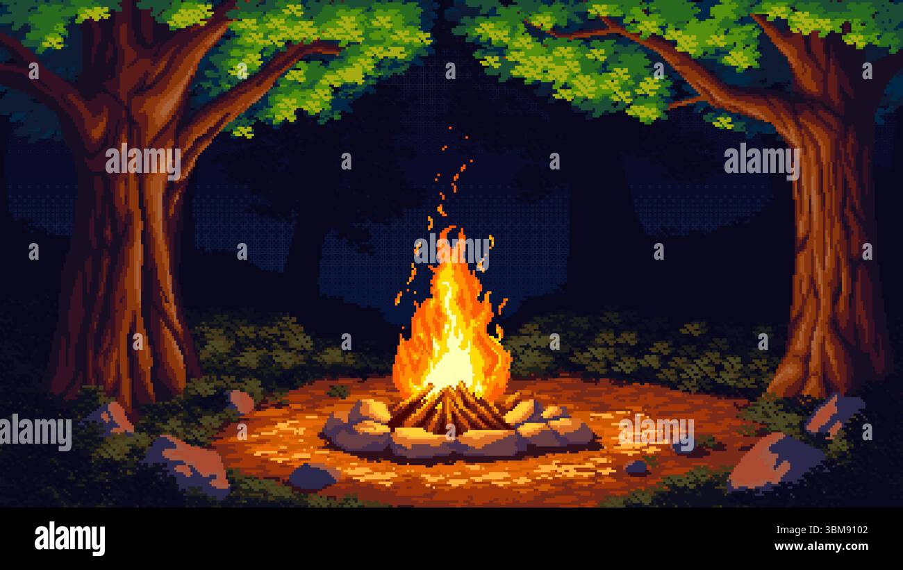 Pixel art scene of a night forest with a bright campfire. Stylized ...
