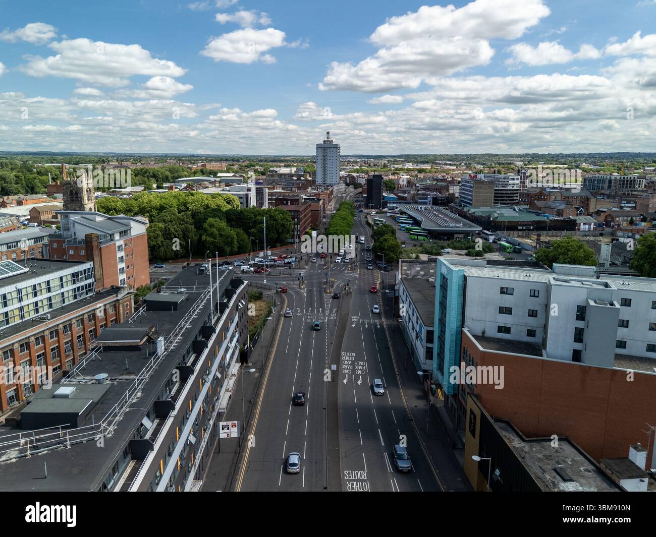 Aerial view of Coventry city center showing the ring road, buildings ...