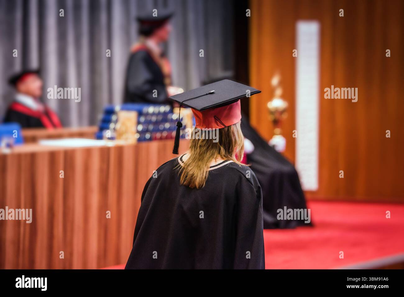 Graduation ceremony scene: back view of a female graduate walking on ...