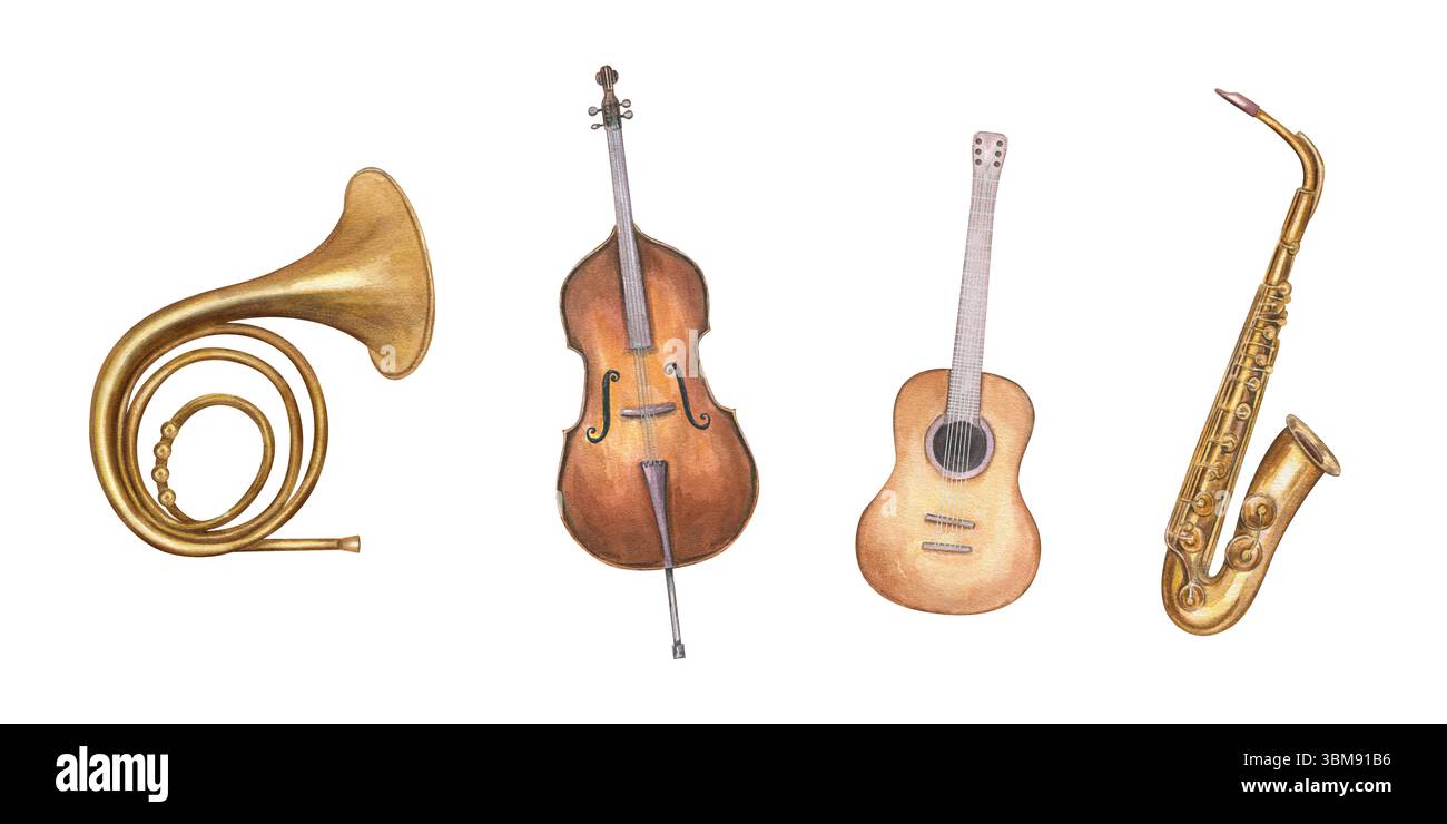 Musical set with contrabass, saxophone, guitar and French horn ...